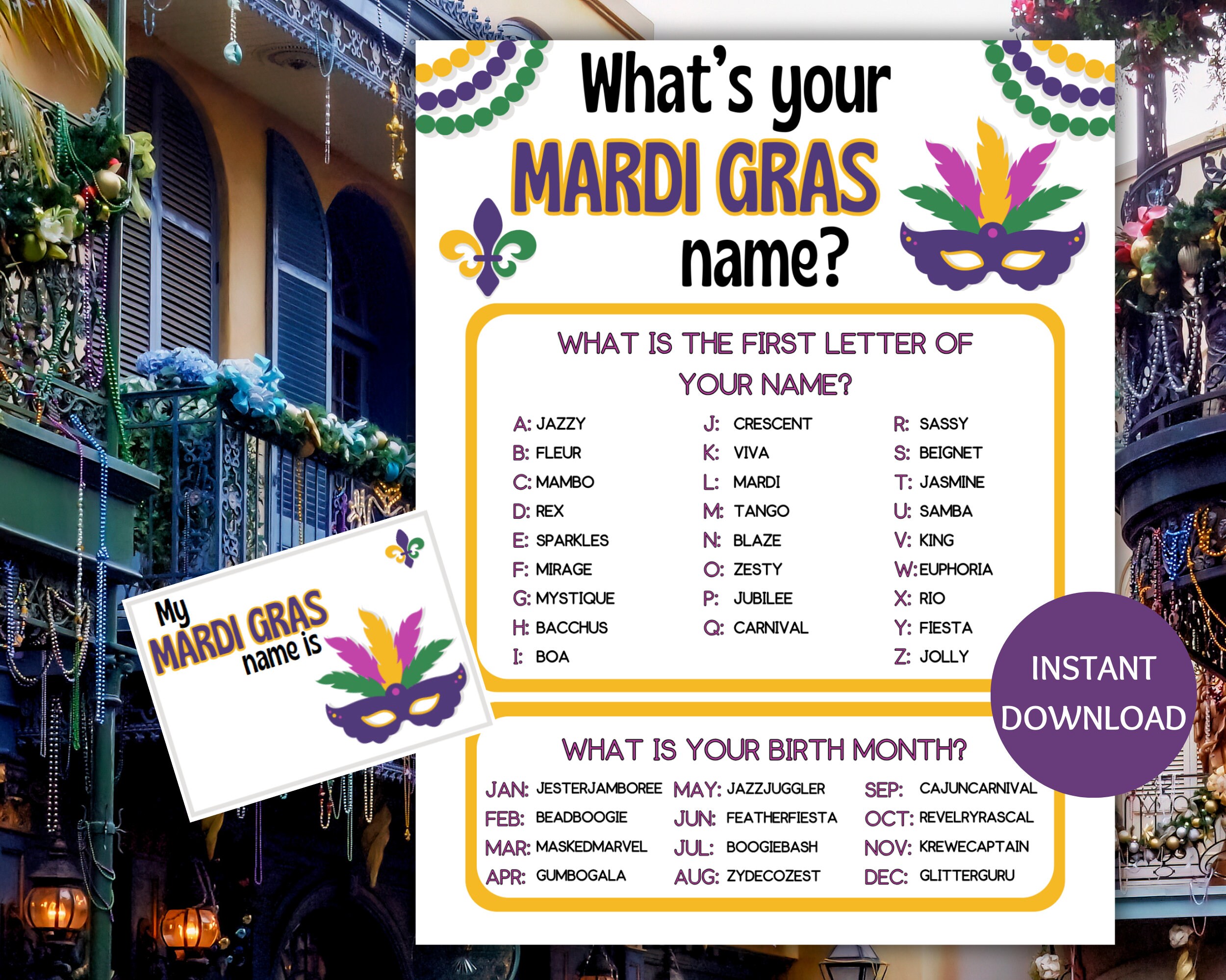 Mardi Gras Name Game Printable, What's Your Mardi Gras Name Game, Name ...