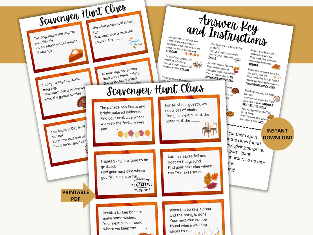 Indoor Thanksgiving Scavenger Hunt, Treasure Hunt Clues, Kids Scavenger ...