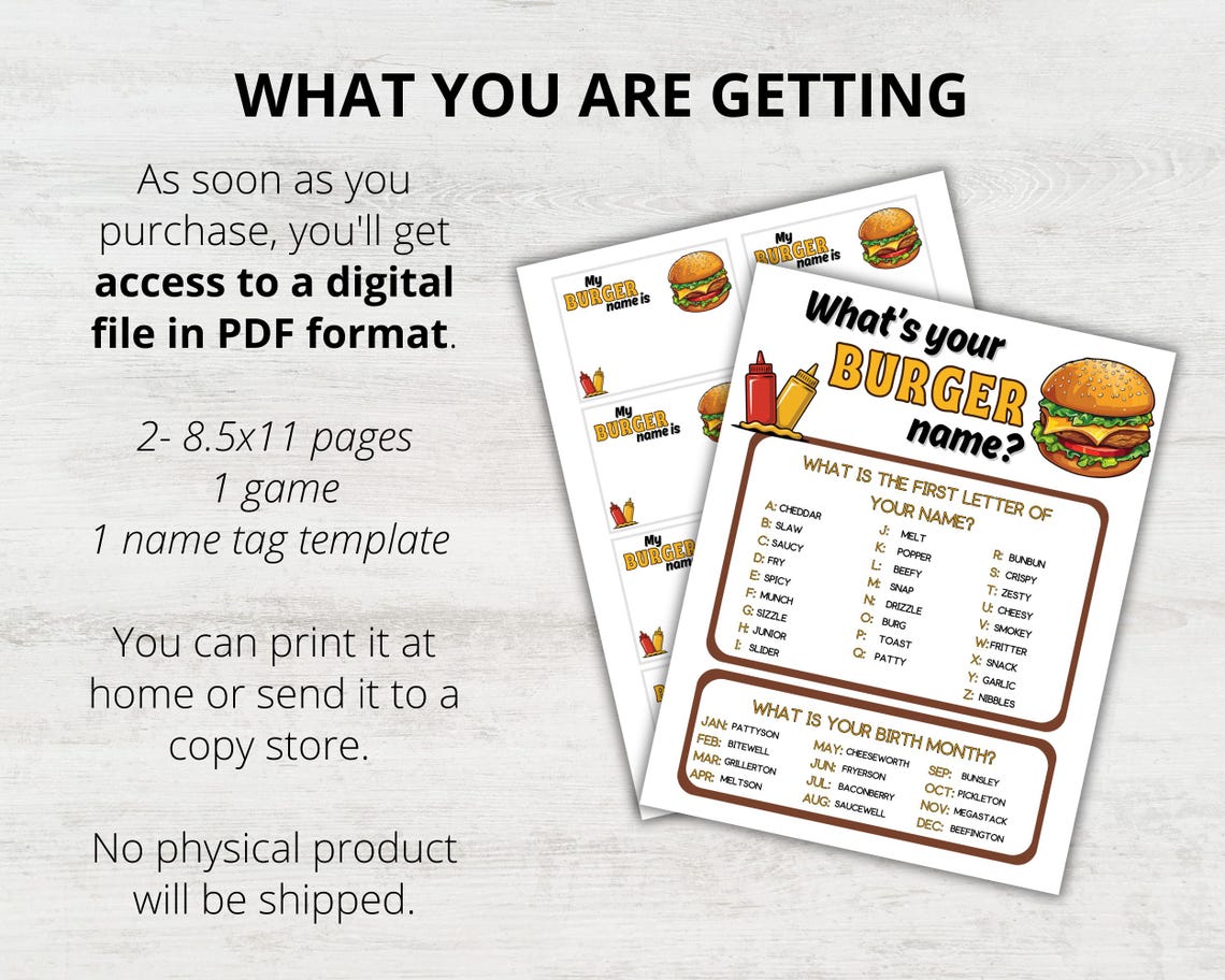 Burger Name Game Printable, What's Your Burger Name Game, Name ...