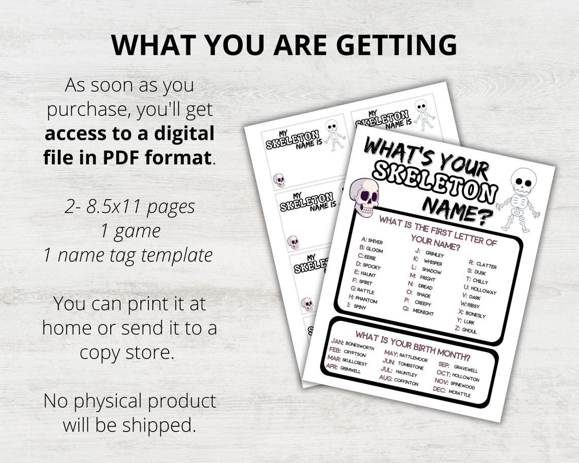 Skeleton Name Game Printable, What's Your Skeleton Name Game, Name ...