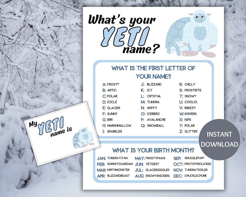 Yeti Name Game Printable, What's Your Yeti Name Game, Name Generator ...