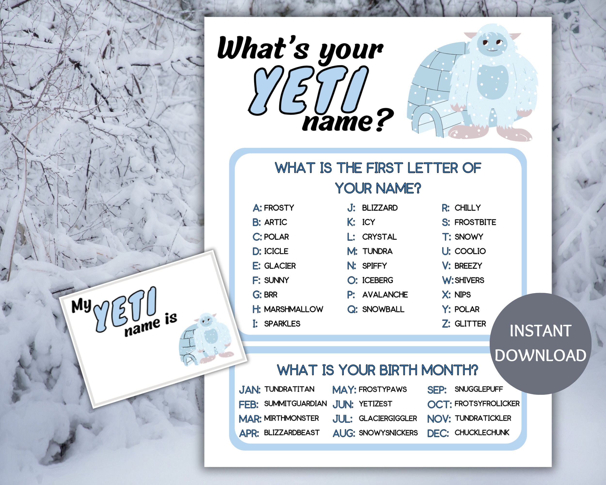 Yeti Name Game Printable, What's Your Yeti Name Game, Name Generator ...