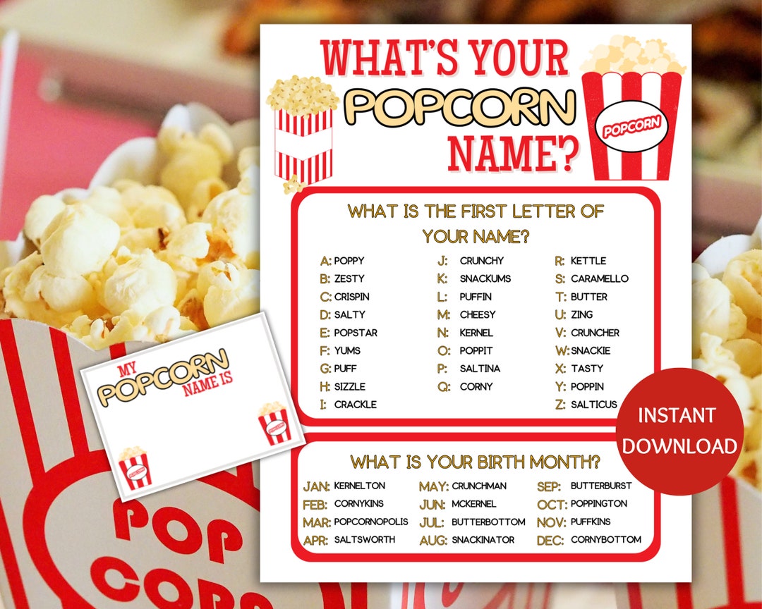 Popcorn Name Game Printable, What's Your Popcorn Name Game, Name ...