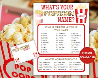 What's Your Popcorn Name Game With Name Tags Popcorn Name Sign, Popcorn ...