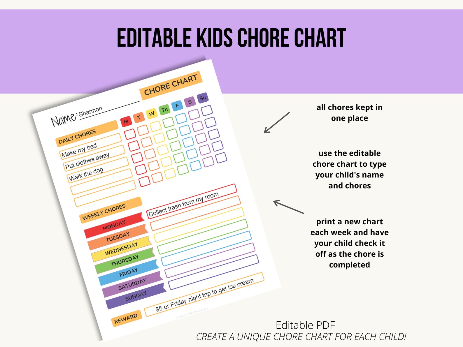 Kids Chore Chart, Editable Chore Chart, Weekly Chore Chart, Daily Chore ...