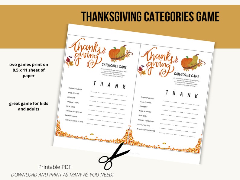 Thanksgiving Categories Game | Printable Thanksgiving Games | Family ...