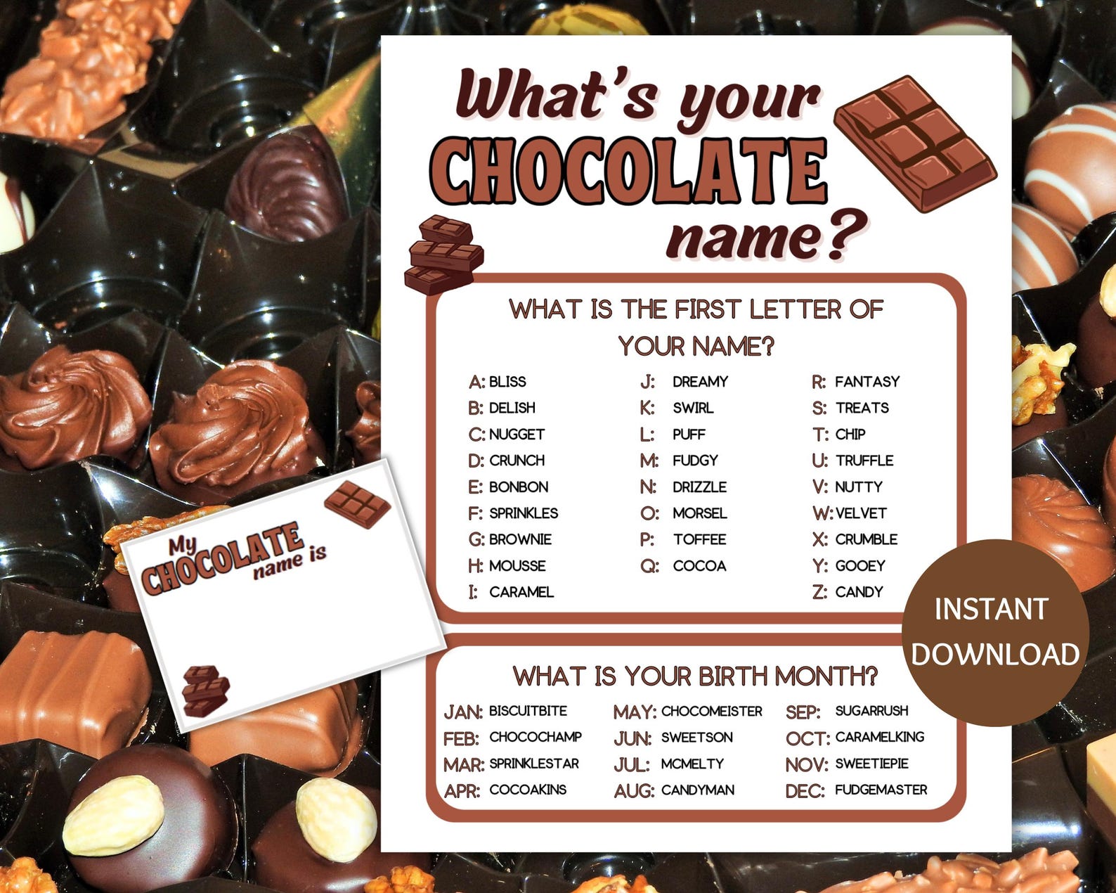 Chocolate Name Game Printable, What's Your Chocolate Name Game, Name ...