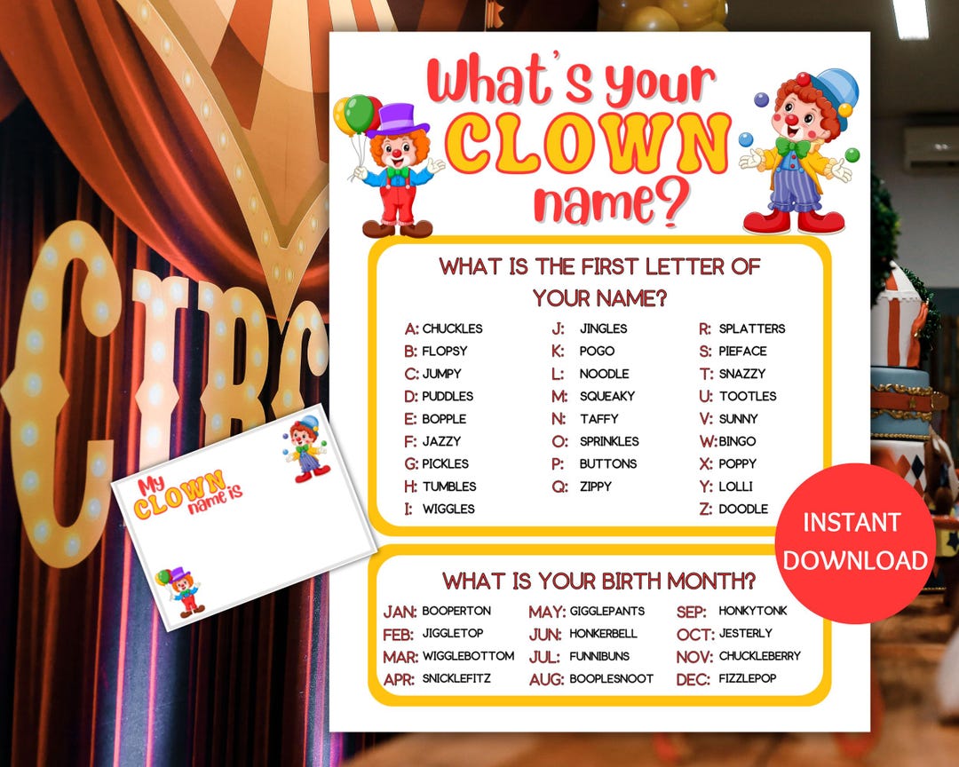 Clown Name Game Printable, What's Your Clown Name Game, Name Generator ...
