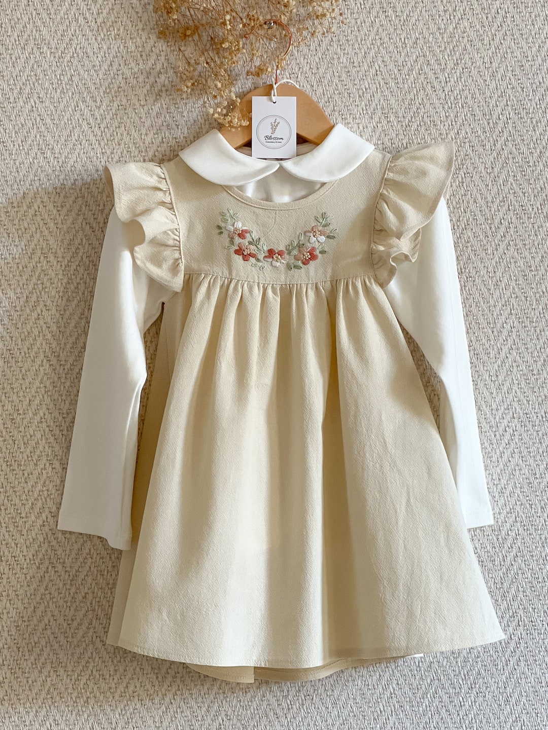 Girls Cream Dress Hand Embroidered Dress Flower Design - Etsy