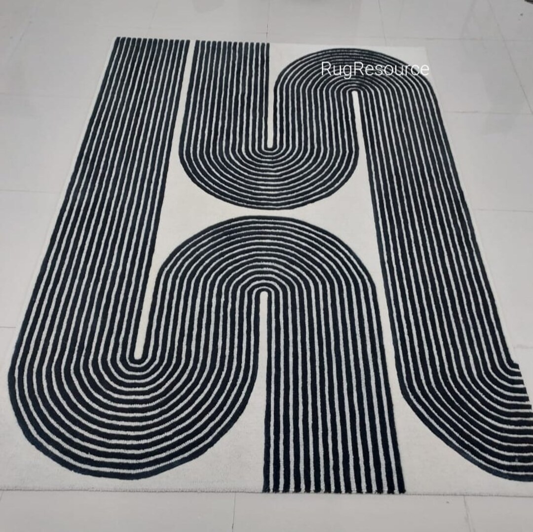 6x9 Black Rug Combed Curve Designer Rug Woolen Area Rug Modern Abstract ...
