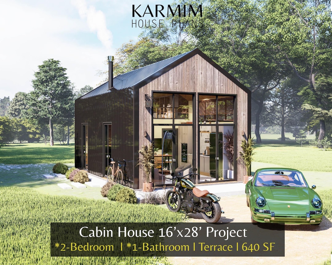 16'x28' Modern Cabin House Plans : Tiny Small Barnhouse Blueprints (PDF ...