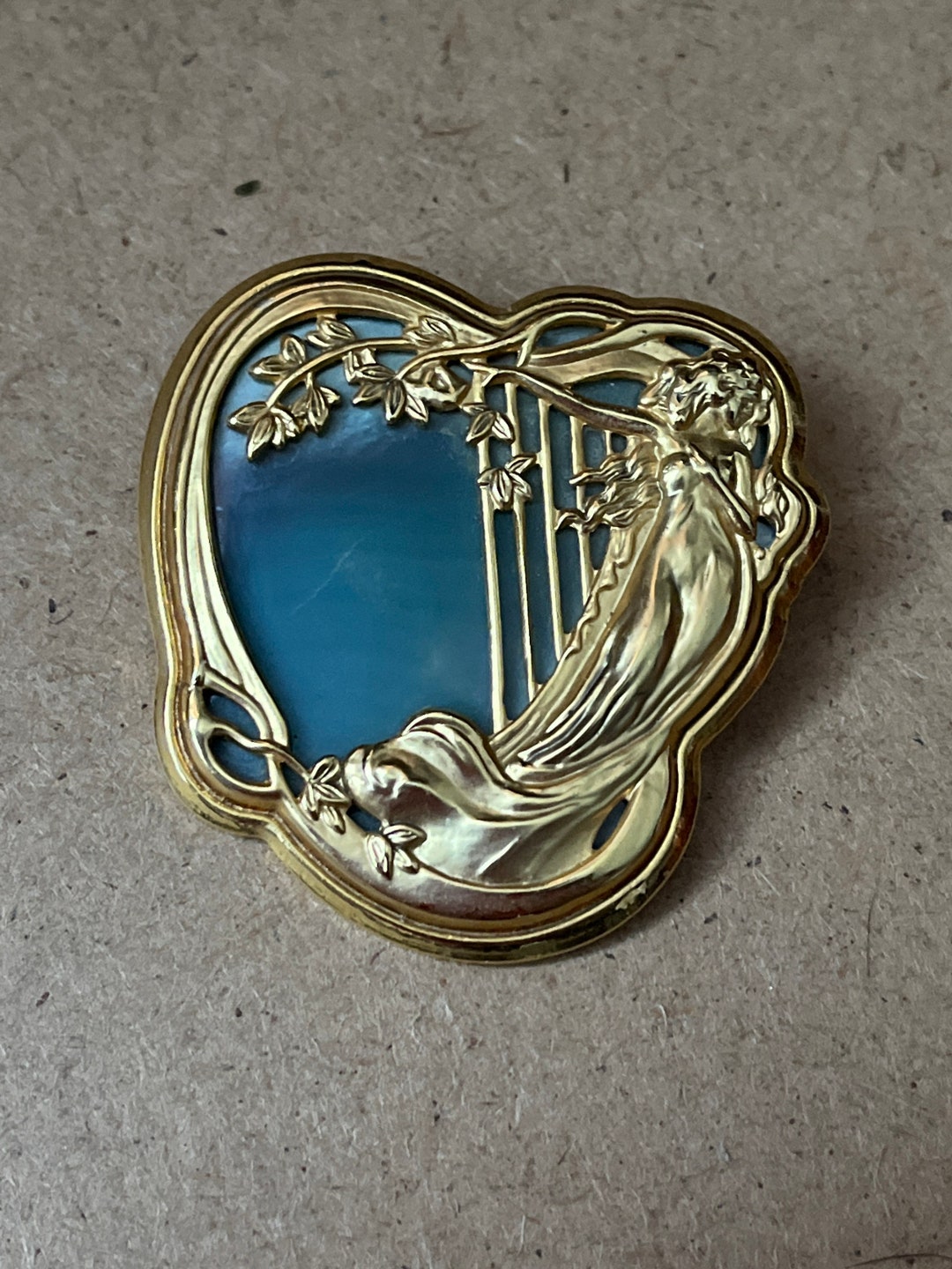 Vintage, Signed Duri Gold Tone Brooch/ Pin .” A Woman Plays the Harp ...