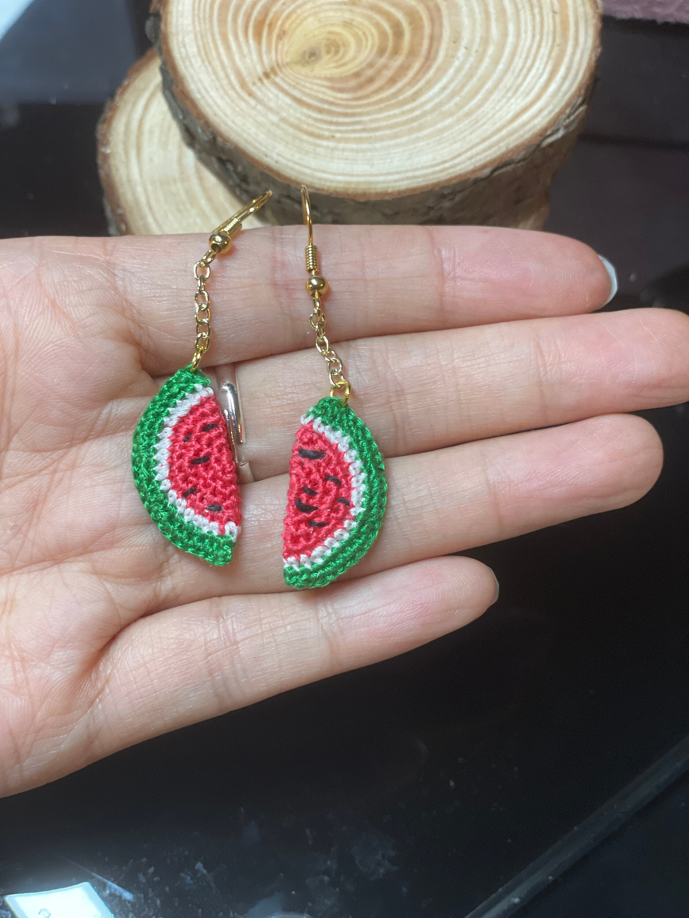 Miniature/ Micro Crochet Watermelon Earrings, Handmade, Hand Dyed, Hand ...