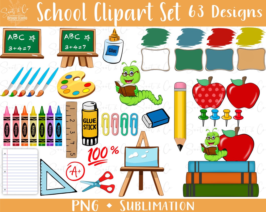 School Supplies Clipart Set, School Clipart Set, PNG Files, Apple ...