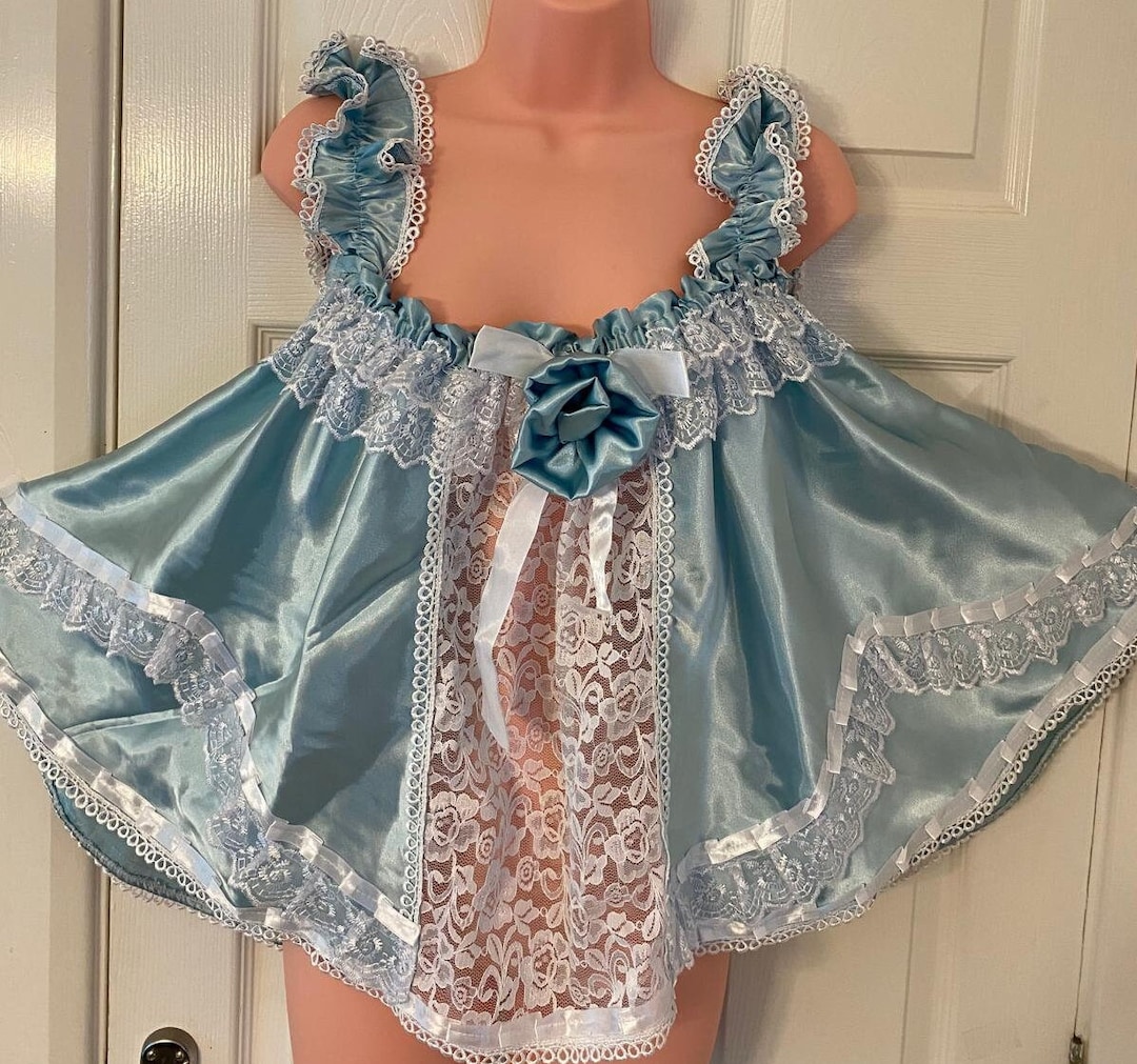 Sissy Soft Satin Baby Doll Nighty Negligee Dress Set, Duck Egg Blue ...