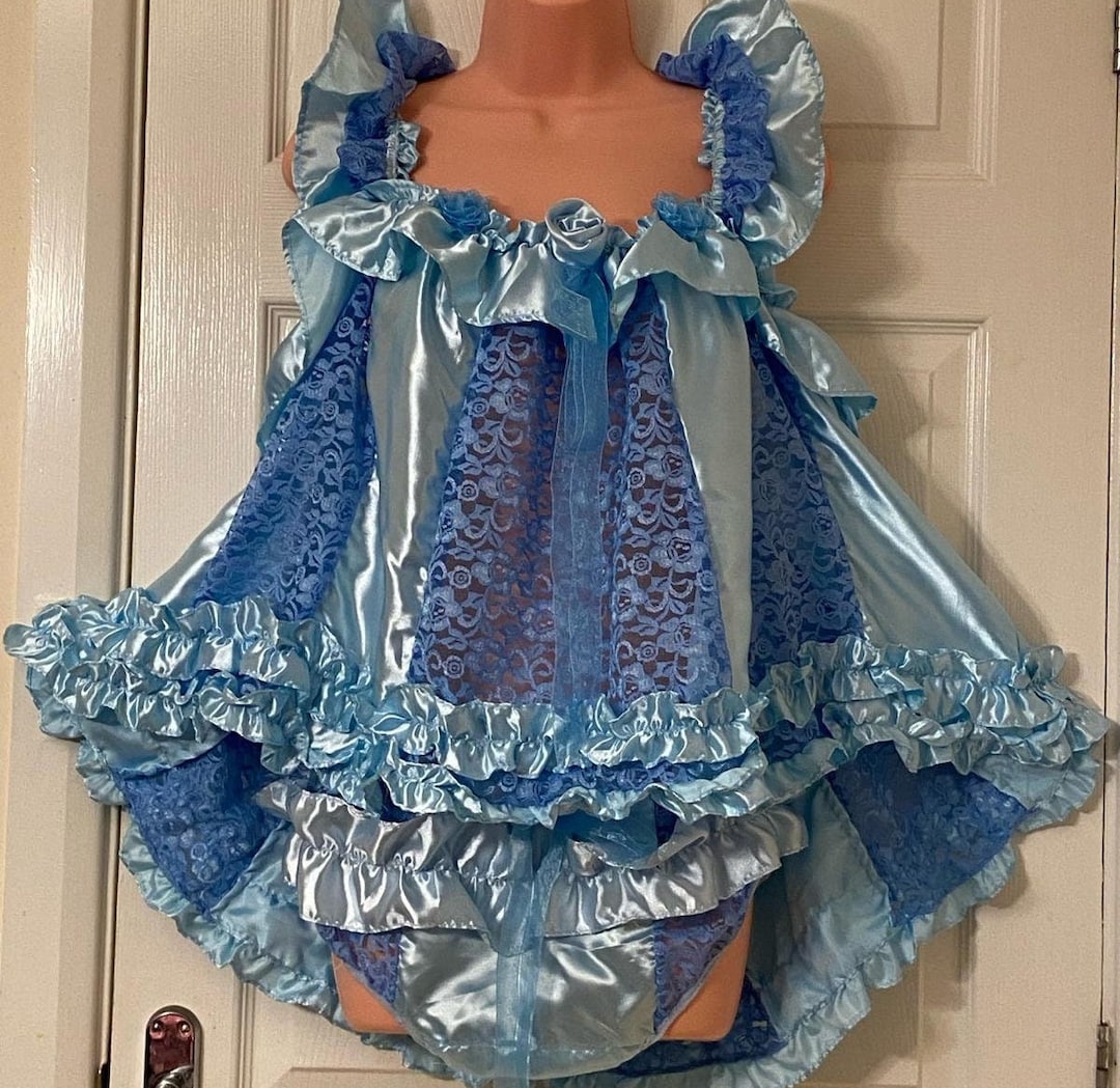 Sissy Baby Doll Nighty Negligee Dress Set Blue Light Blue Satin and ...