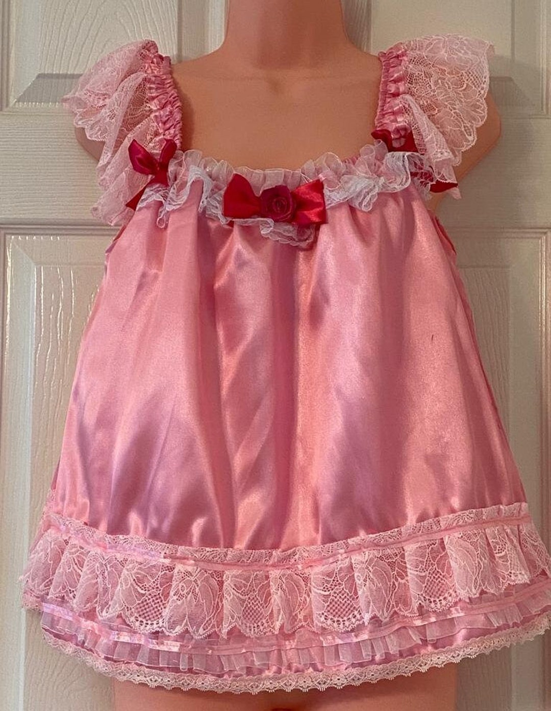 Sissy Baby Doll Nighty Negligee Dress Set, Pink Shiny Satin and Soft ...