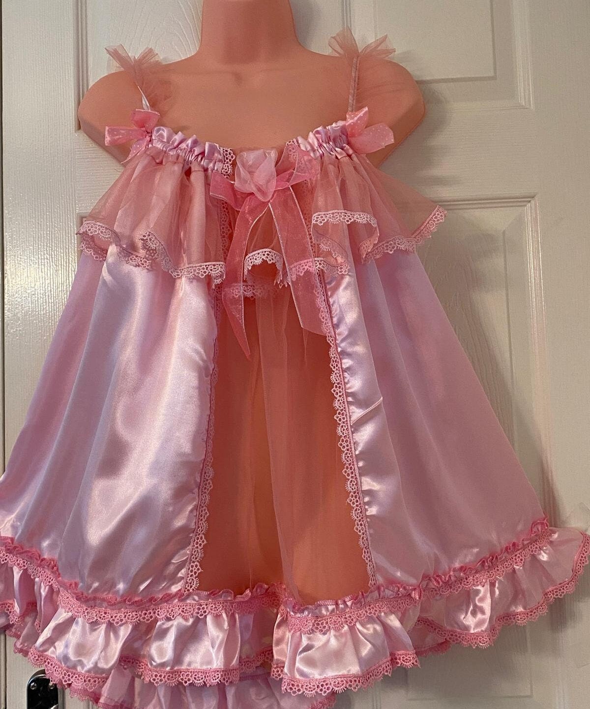 Adult Sissy Satin Baby Doll Nighty Negligee Dress Set, Soft Pink ...