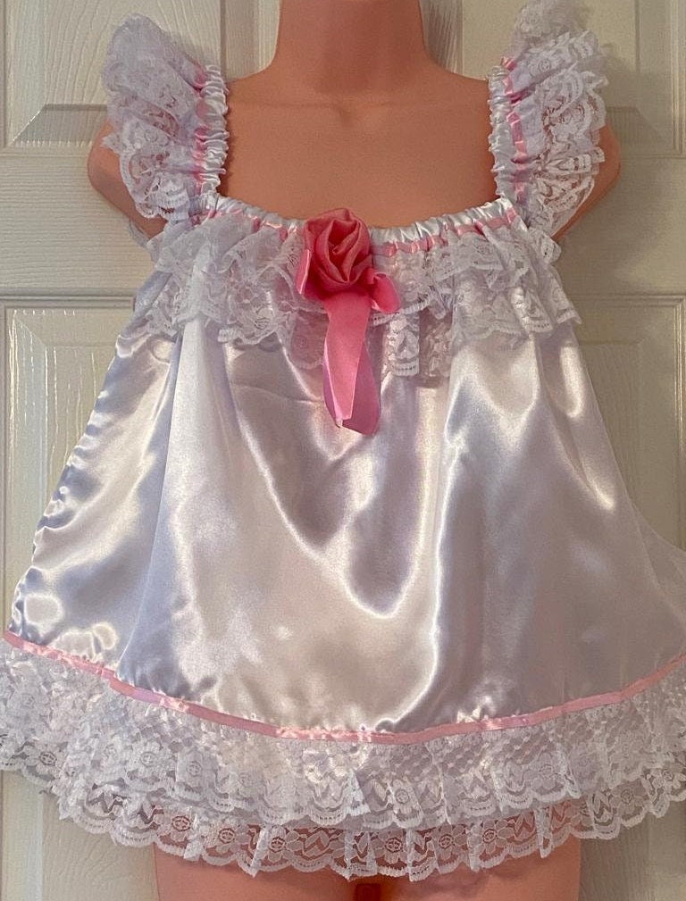 Sissy Baby Doll Nighty Negligee Dress Set, Shiny White Satin, White ...