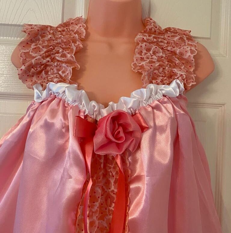 Sissy Baby Doll Nighty Negligee Dress Set , Pink Satin and Lace Cami ...