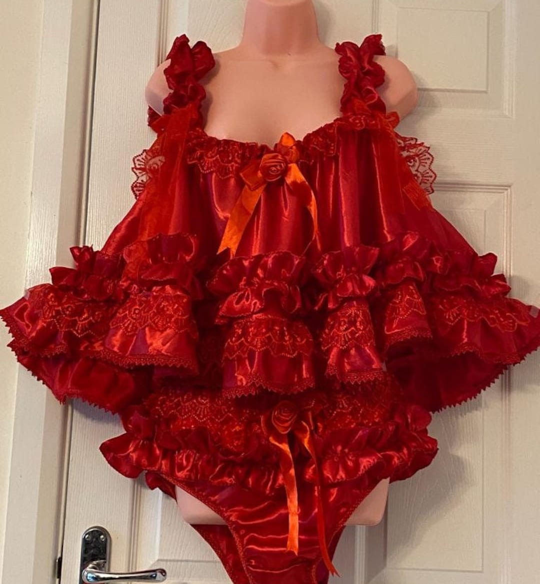 Red Sissy Satin Baby Doll Nighty Negligee Dress Set, Cami Top Pantie ...
