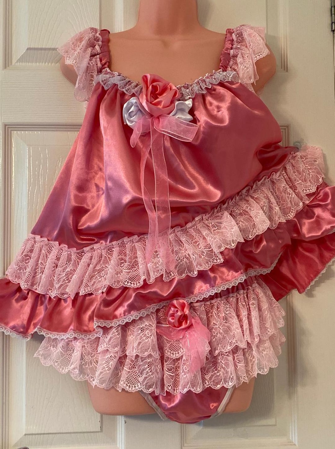 Sissy Pink Baby Doll Nighty Shiny Satin and Pink Soft Lace Negligee ...