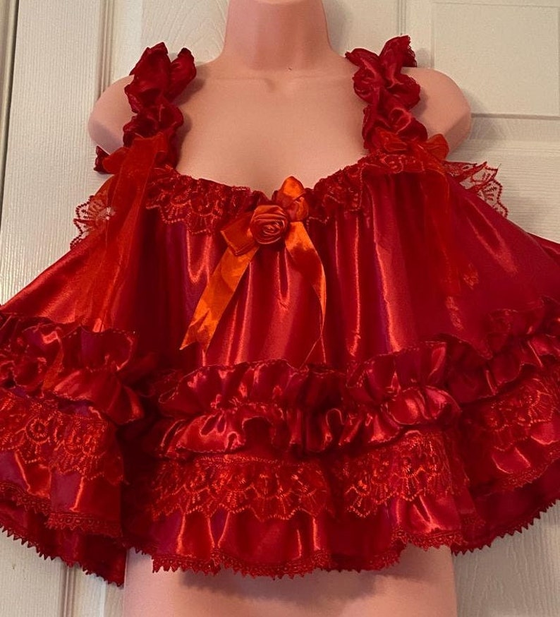 Sissy Poppy Red Satin Baby Doll Nighty Negligee Dress Set, Cami Top ...