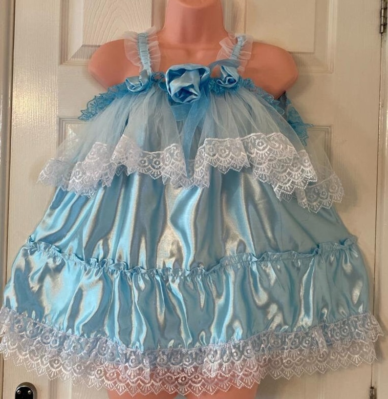 Sissy Bluelight Teal Blue Satin Baby Doll Nighty Negligee Dress Set ...