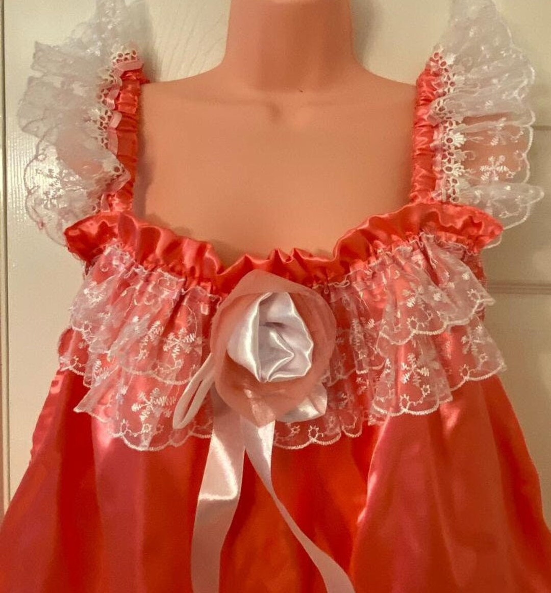 Valentine Sissy Baby Doll Nighty Negligee Dress Set, Coral Red Shiny ...