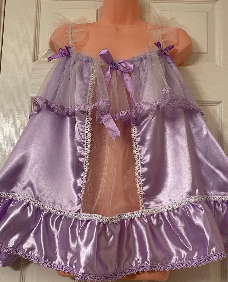 Adult Sissy Violet light Purple Satin Baby Doll Nighty Negligee Dress ...