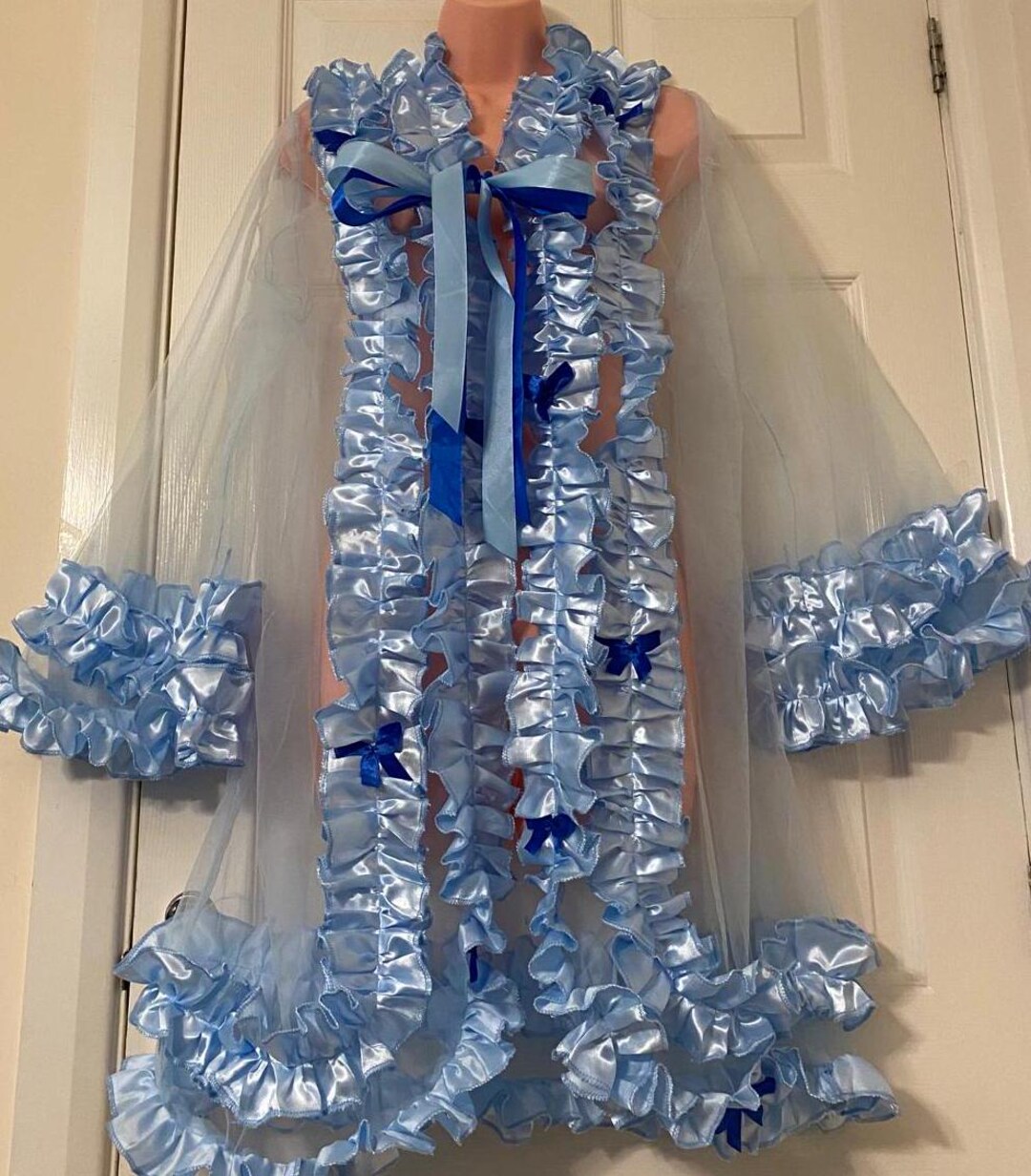 Sissy Sheer Dressing Gown, Negligee, Light Housecoat, Blue Silky Satin ...