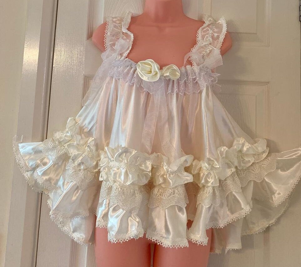Sissy Satin Baby Doll Nighty Negligee Dress Set, Very Light Ivory Cream ...