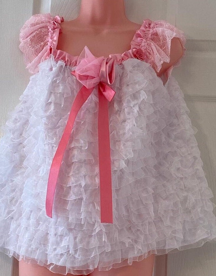 Sissy Baby Doll Nighty Pure White and Pink Soft ,ruffle Sheer Negligee ...