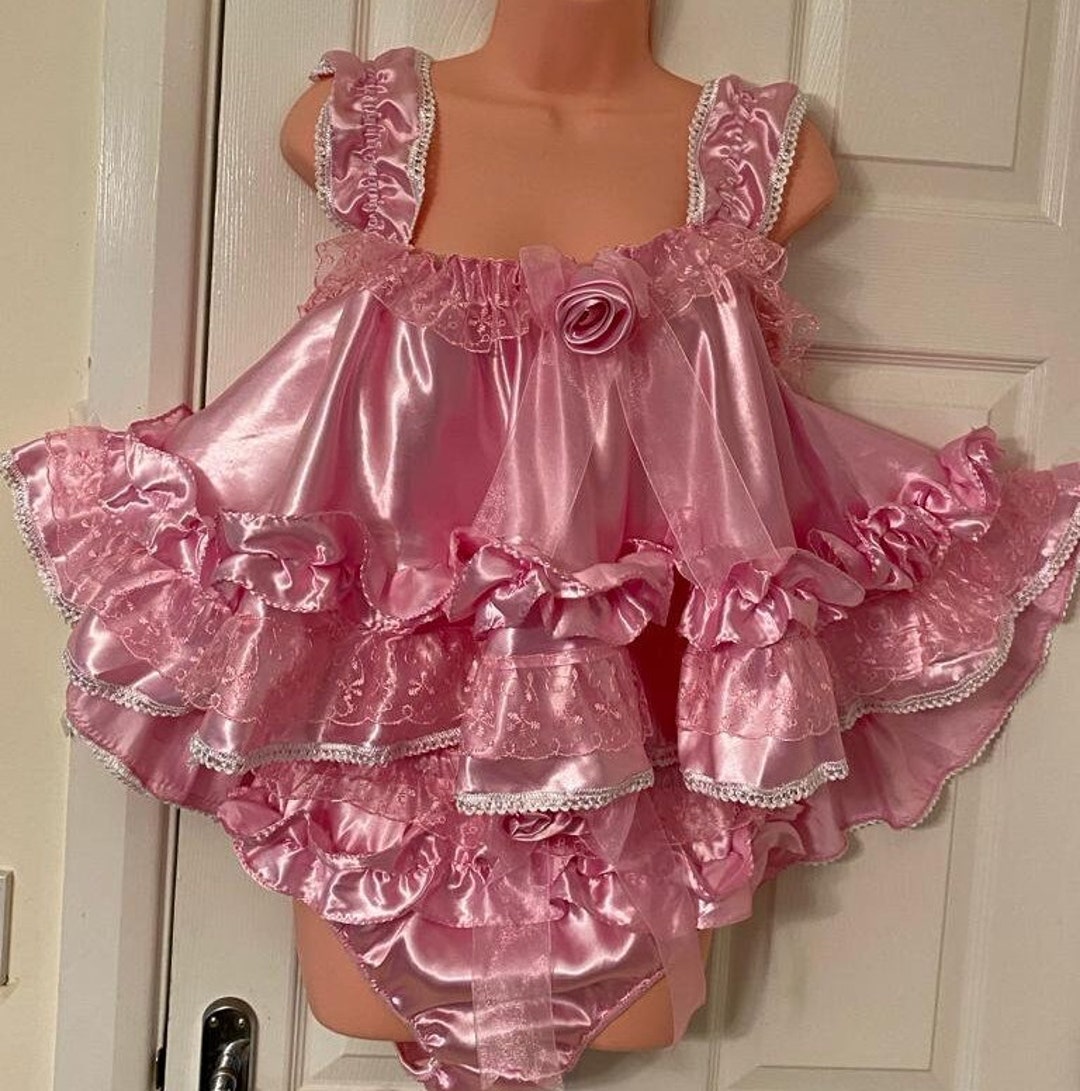 Sissy Baby Pink Satin Baby Doll Nighty Negligee Dress Set, Cami Top Pantie, Men's and Women ...