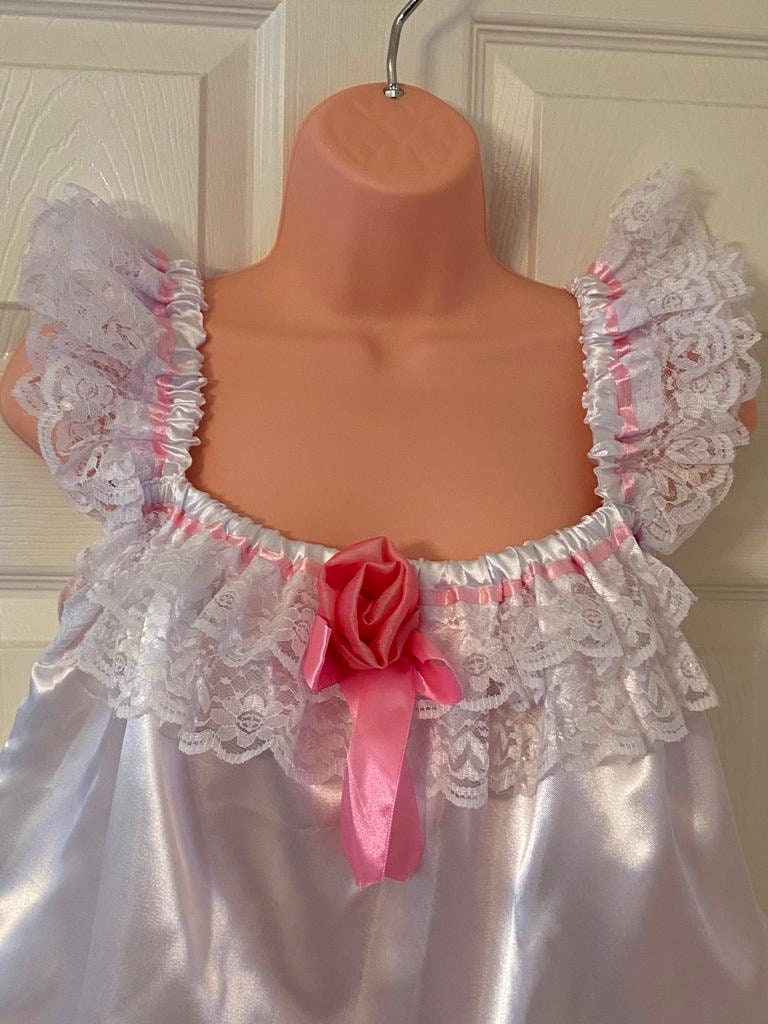 Sissy Baby Doll Nighty Negligee Dress Set, Shiny White Satin, White ...