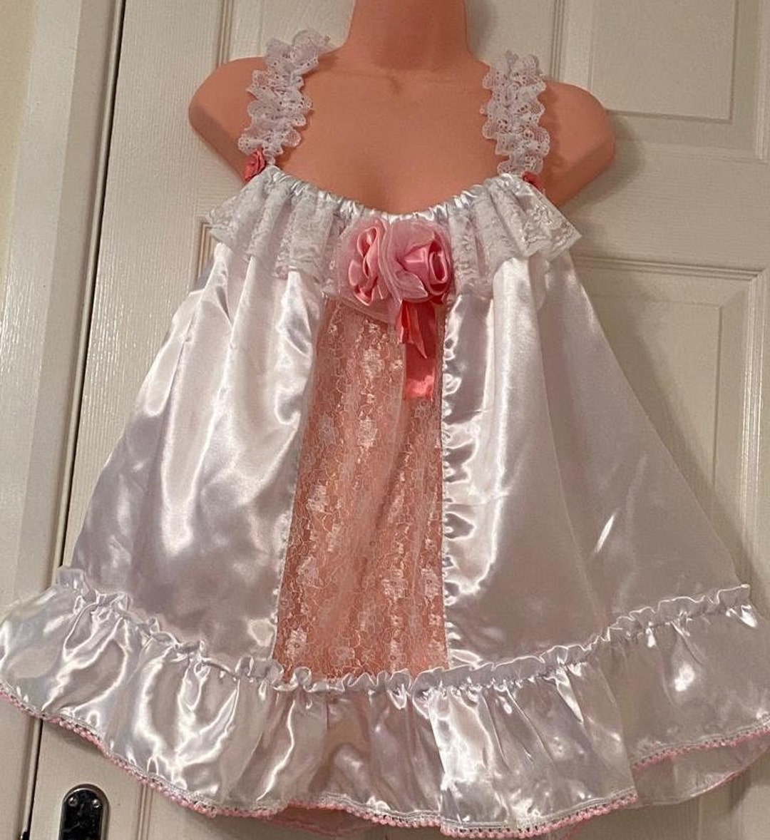 Sissy Baby Doll Nighty Negligee Dress Set, Shiny White Satin and Lace ...