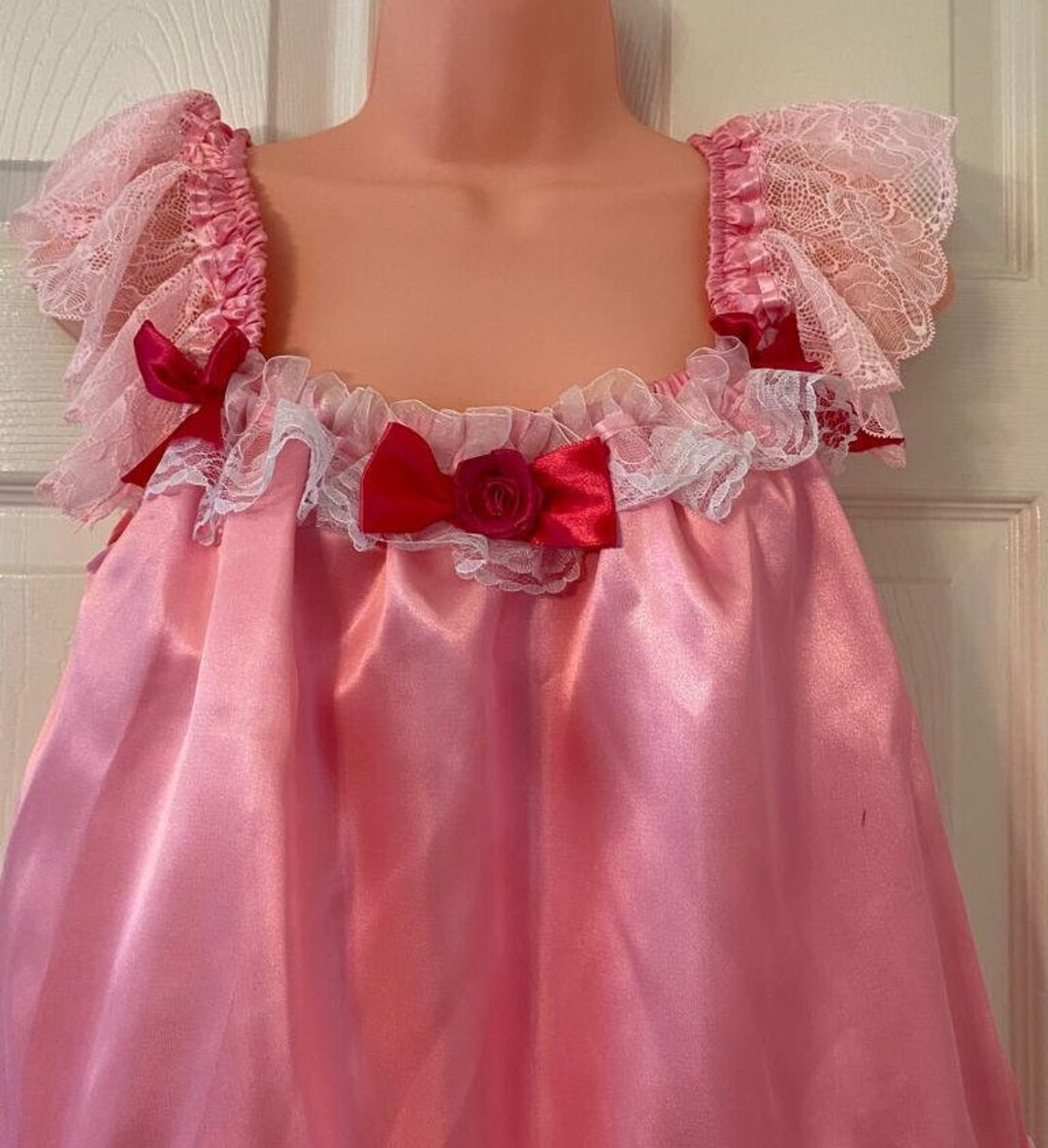 Sissy Baby Doll Nighty Negligee Dress Set, Pink Shiny Satin and Soft ...