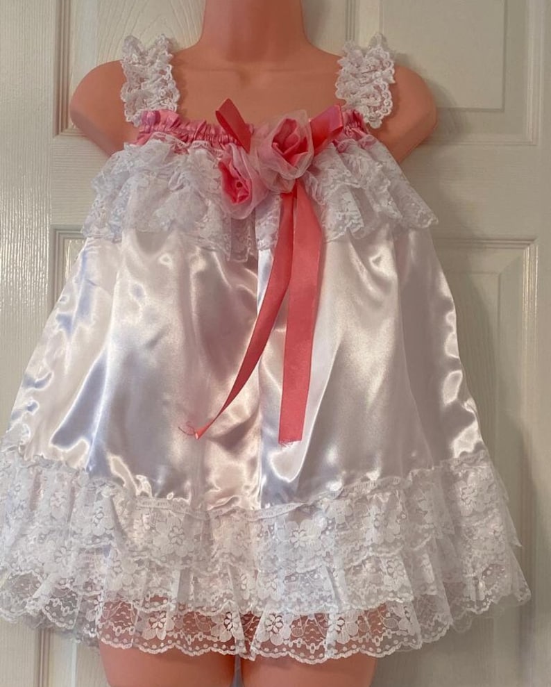 Sissy Baby Doll Nighty Negligee Dress Set, Shiny White Satin, Lace ...