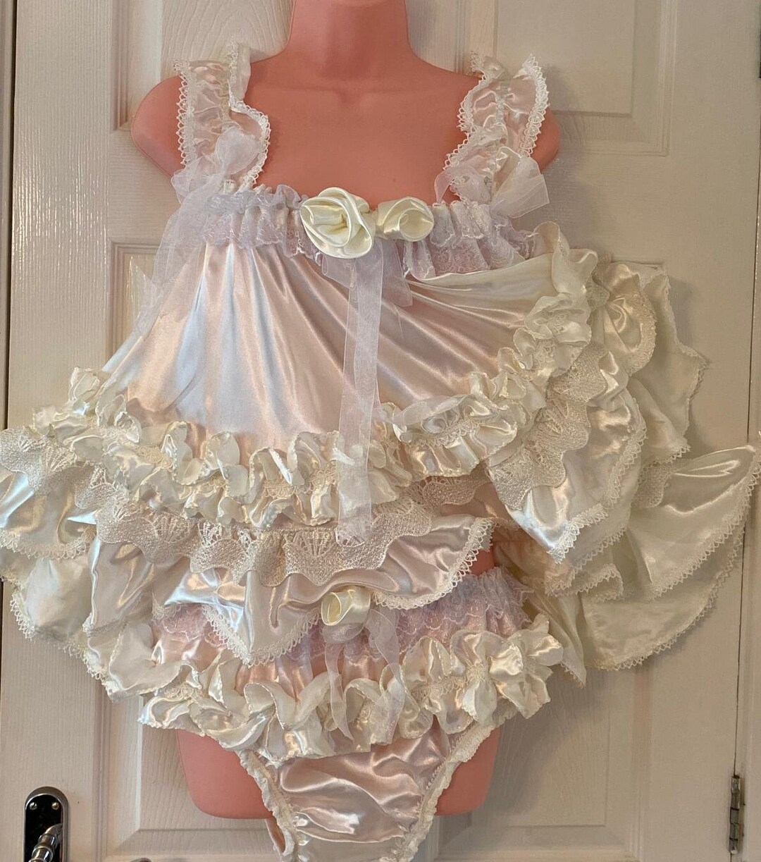 Sissy Satin Baby Doll Nighty Negligee Dress Set, Very Light Ivory Cream ...