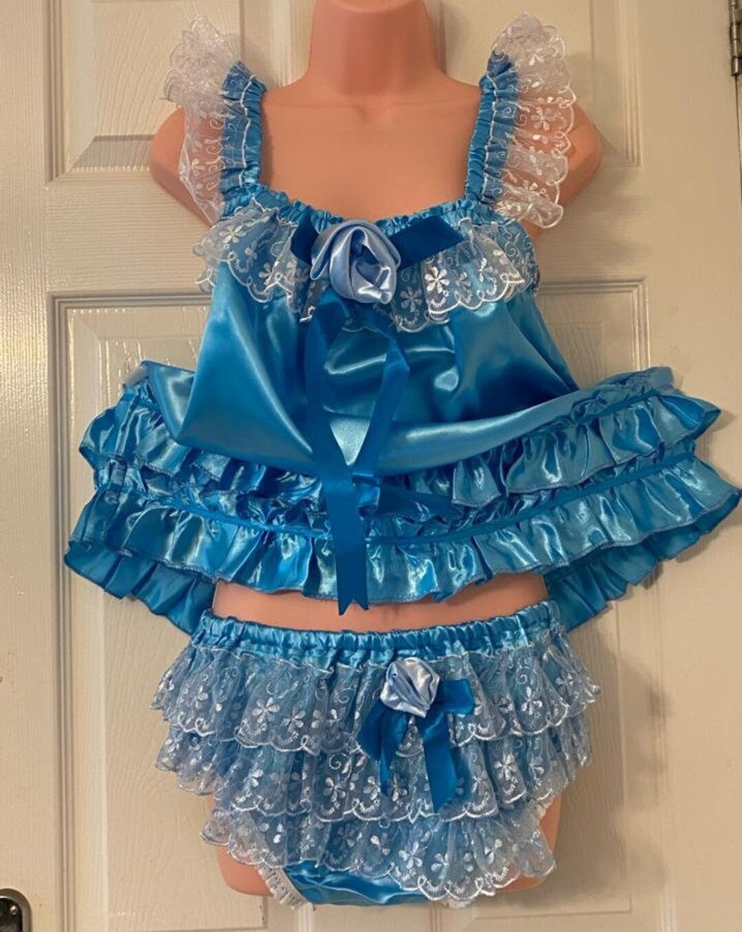 Sissy Blue(pacific Blue) Satin Baby Doll Nighty Negligee Dress Set ...