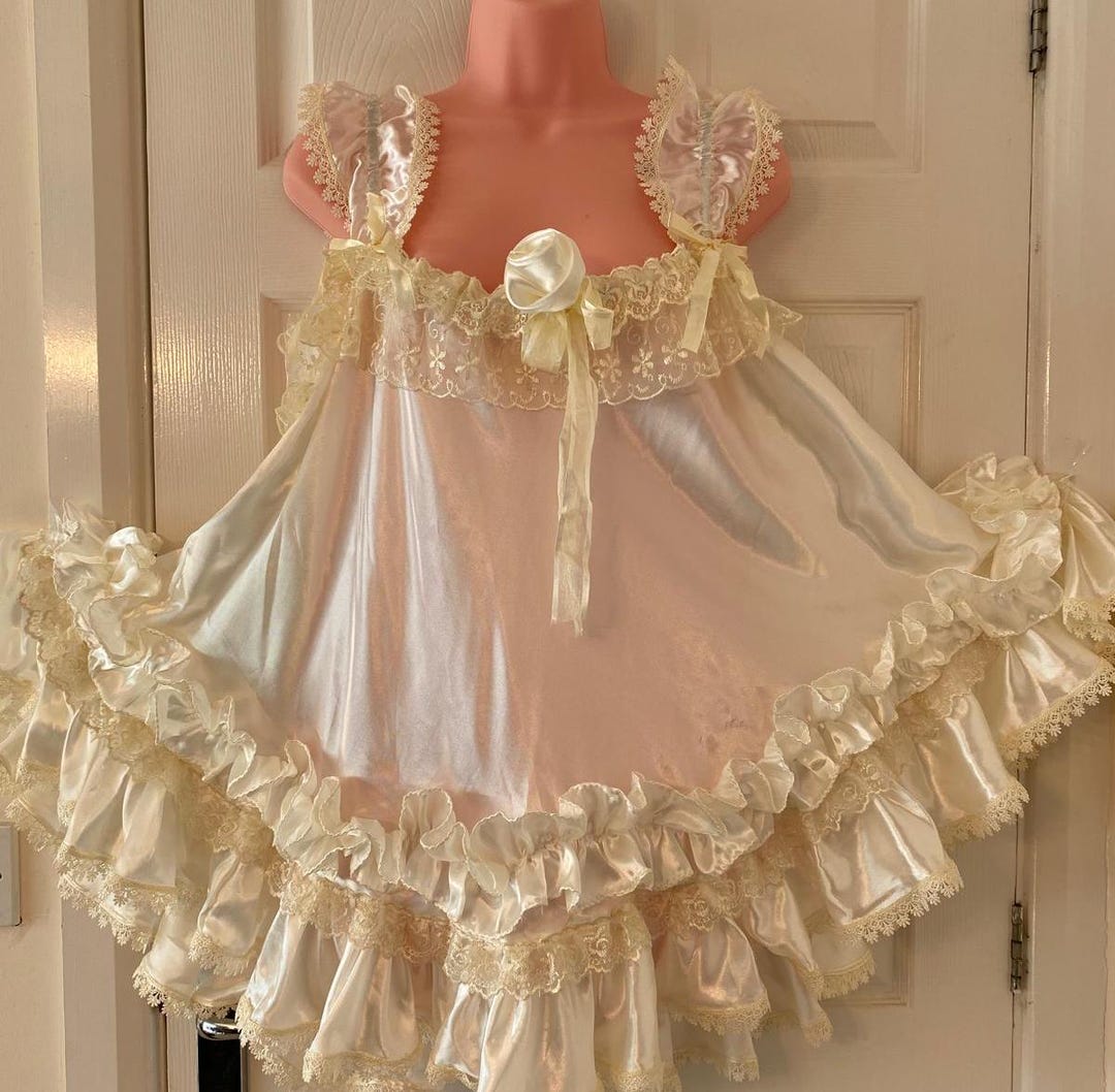 Sissy Satin Baby Doll Nighty Negligee Dress Set, Very Light Ivory Cream ...
