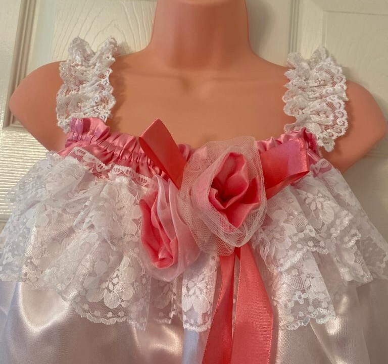 Sissy Baby Doll Nighty Negligee Dress Set, Shiny White Satin, Lace ...