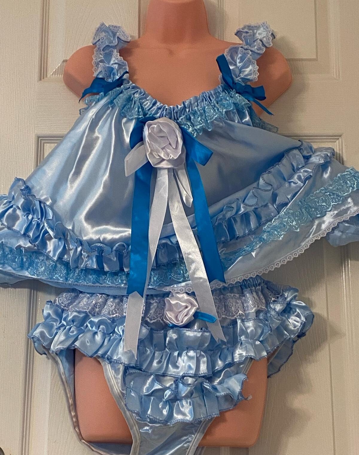 Sissy Bluelight Teal Blue Satin Baby Doll Nighty Negligee Dress Set ...