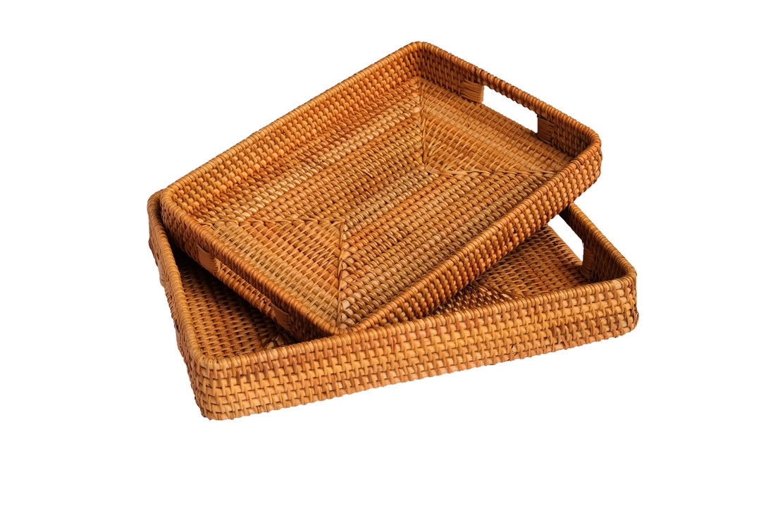 Rectangular Wicker Serving Tray-set of 2 W/inbuilt Handles-handmade ...