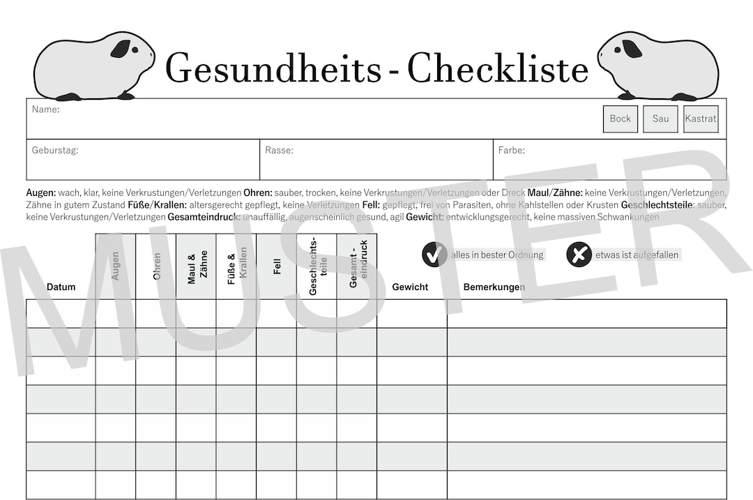Download: HEALTH CHECKLIST for Your Small Animal Template for Guinea ...