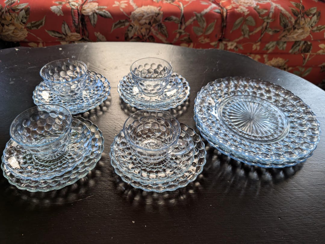 Anchor Hocking Blue Bubble Glass Dinnerware Set of 4 - Etsy