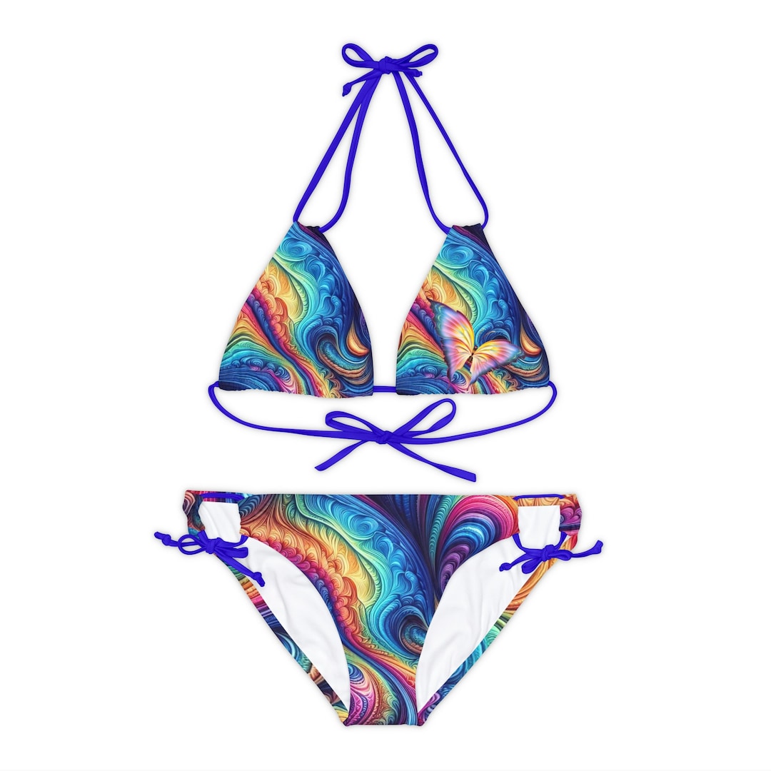 Neon Wavy Pattern With Butterfly Bikini, Neon Swimwear, Trendy Bathing ...
