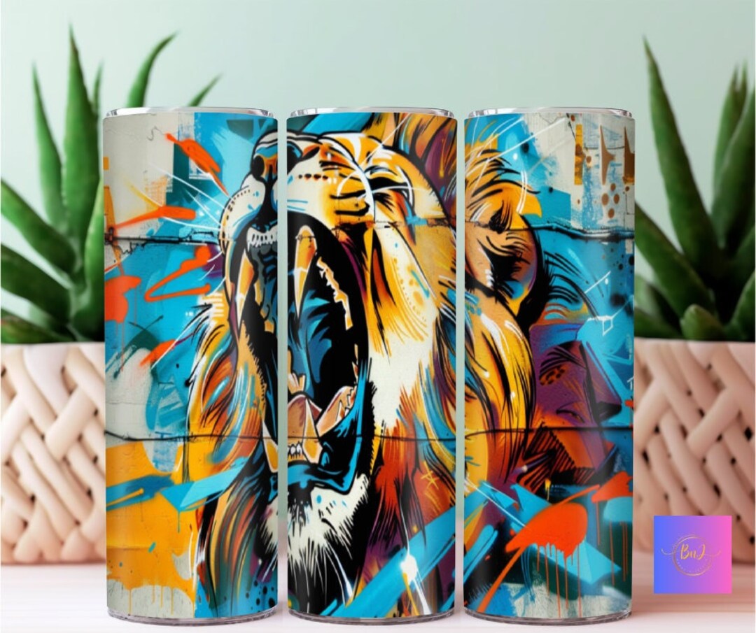 Lion 20oz Skinny Tumbler With Straw , Big Cat Tumbler, Graffiti Style ...