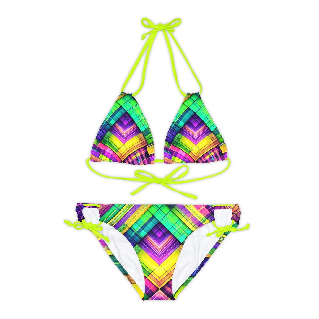 Neon Plaid Pattern Bikini, Neon Swimwear, Trendy Bathing Suit, Gift for ...