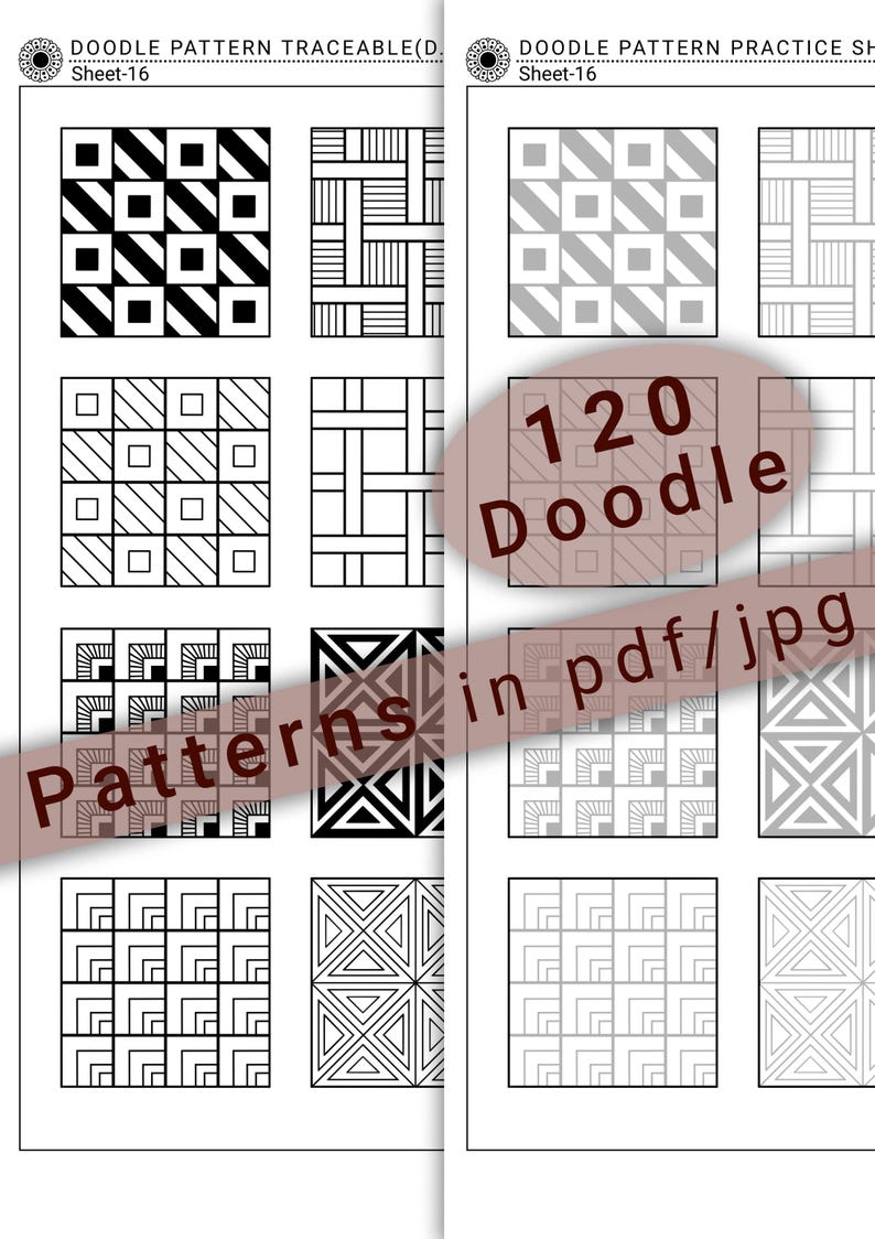 120 Easy Basic Doodle Patterns to Practice in PDF/JPG for Relaxation ...